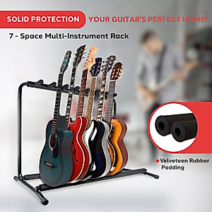 Pyle Multi-Guitar Stand 7 Slot Display Rack - Universal Framework Designed for Electric, Acoustic, Bass Guitars & Cases - Foldable, Portable, and Protective with No-Slip Non-Scratch Padding - Black