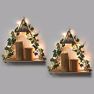 wekneve Artificial Ivy LED-Strip Wall Hanging Shelves - Set of 2 Floating Shelves for Bedroom, Living Room, Kitchen - Wood Wall Decor with Hanging Plant Design - Room Decor with Ambient Lighting