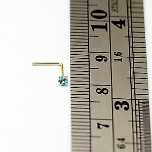 PiercingPoint 9K Solid Yellow Gold Claw Set 1.5MM Aquamarine Genuine Crystals Stone 22 Gauge L-Shape Nose Stud Jewelry