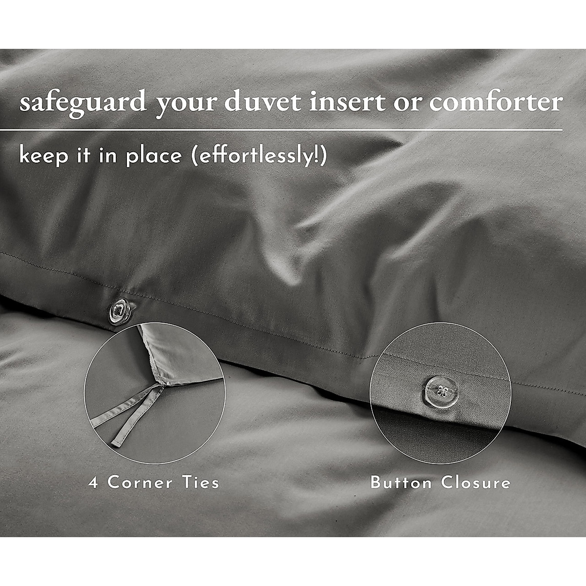 California Design Den Cotton Duvet Cover King Size, 3 Piece Slate Grey Bedding Set, 100% Pure Cotton Sateen Weave, 400 Thread Count Comforter Cover & Two Pillow Shams with Button Closure, Corner Ties