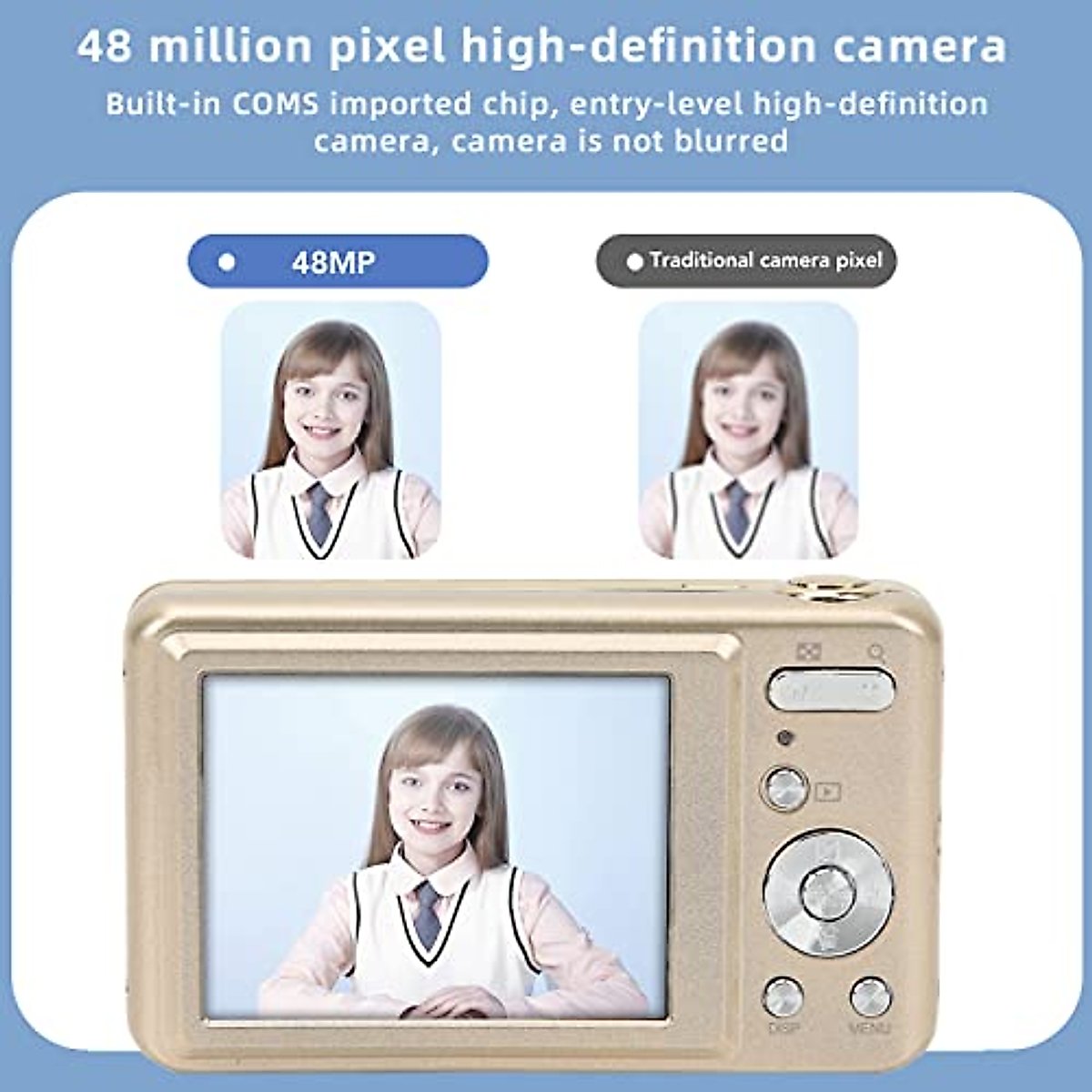 Jeanoko 48MP Digital Camera, Portable Digital Camera Continuous Shooting Self Timer Metal Automatic Light Sensitivity Speed for Senior Citizen(Gold)