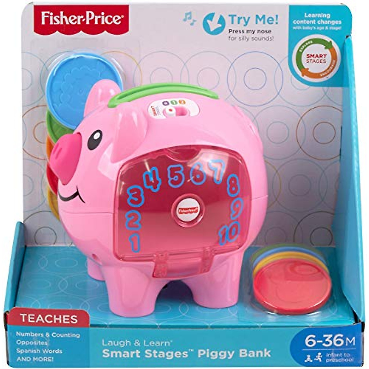 Fisher-Price Laugh & Learn Baby Learning Toy Smart Stages Piggy Bank With Music & Phrases For Infant To Toddler Ages 6+ Months