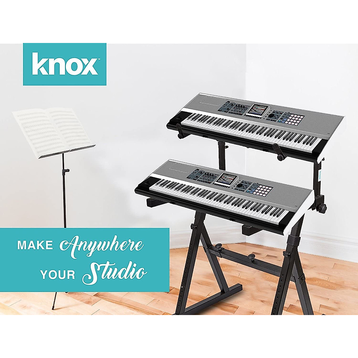 Knox Gear Z-Style Two Tier Electronic Keyboard Piano Stand (Version 2) Bundle (2 Items) - Sturdy Height & Width Adjustable Keyboard Stand - Professional Digital Keyboard Piano Stand or Synth Stand
