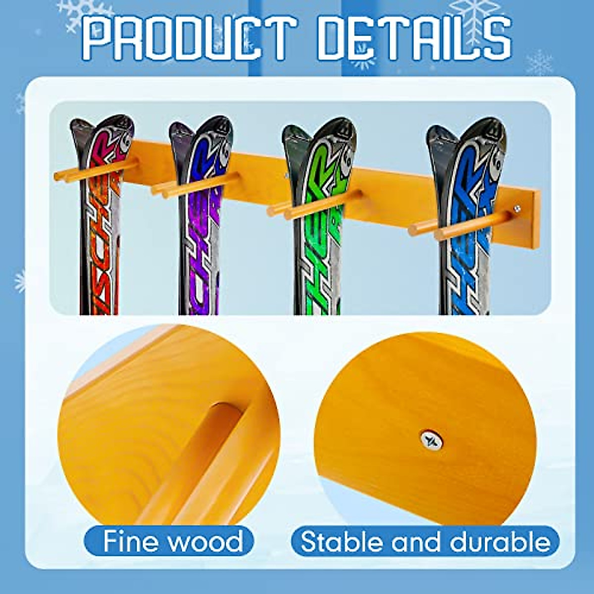 2 Pcs Timber Wall Mounted Ski Rack for Garage Wall Wood Ski Wall Mount Wooden Snowboard Rack Wall Mount Vertical Ski Holder Indoor Ski Storage Racks for 8 Pairs of Skis Home Garage Hanging System