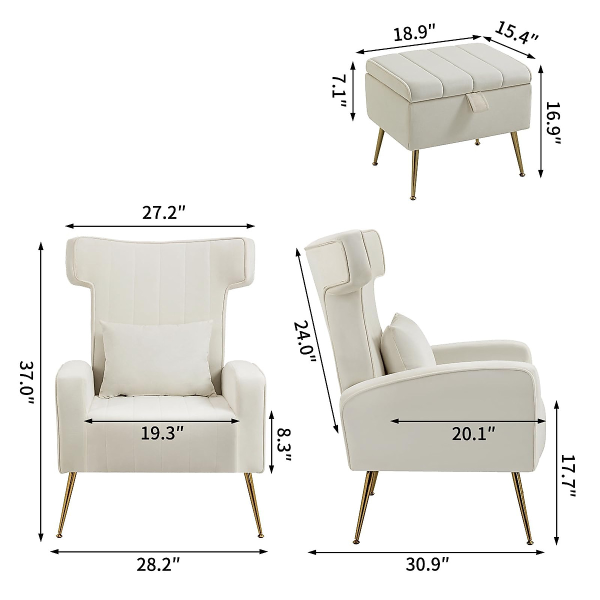 X-VOLSPORT Wingback Accent Chair and Storage Ottoman Set for Living Room Bedroom, Modern Upholstered Velvet Armchair with Footrest & Gold Metal Legs, White, Pillow Included