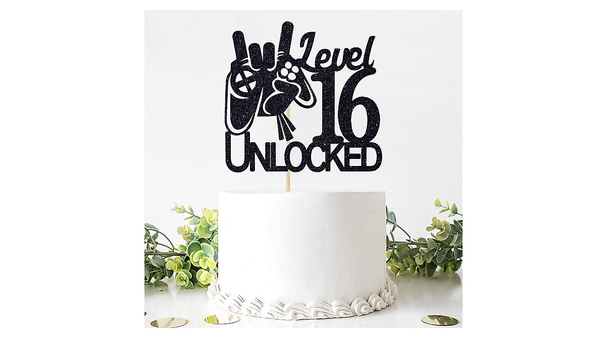 Black Glitter Level 16 Cake Topper for 16th Birthday - Video Game Theme