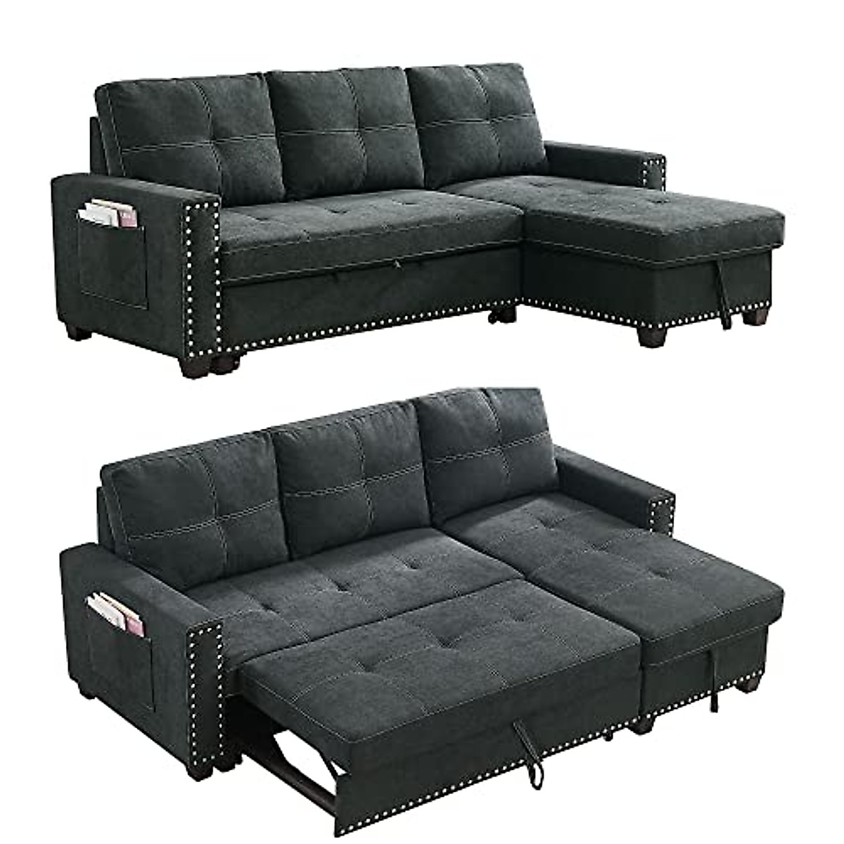 Evedy Upholstery Sleeper Sectional Sofa with Storage Chaise-Pull Out Couch Bed Reversible SofaBed for Living Room Furniture Set, Silver Rivets on Both Hands, a-Black