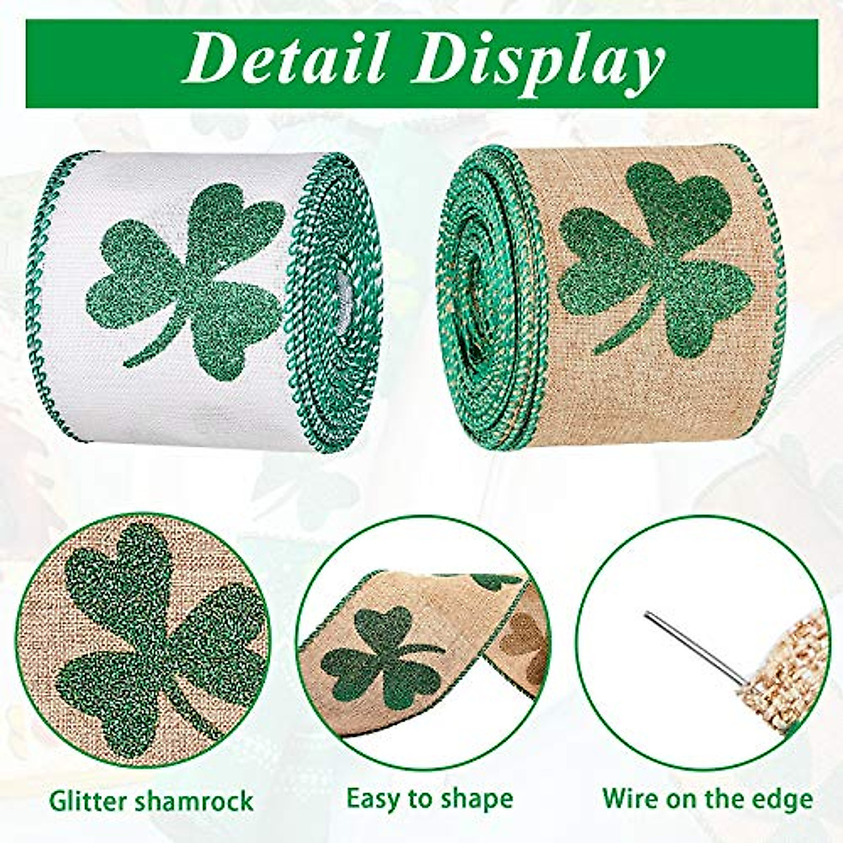 2 Rolls St. Patrick's Day Shamrock Glitter Wired Edge Ribbons Wired Clover Ribbon Shamrock Burlap Ribbons St. Patrick's Day Ornament Hanging Decoration for DIY Wrapping Craft Decor, 20 Yards Totally