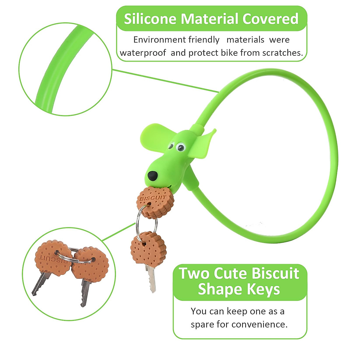 WOOQOTT Cable Lock Bike Cable Lock with Keys,Silicone Covered Bike Lock Kids Cable Lock Cartoon Lock,Lock for Bike,Door,Skateboard,Helmet and More Green