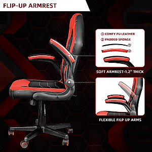 MUZII Office Desk Chairs, Computer Gaming Chairs, Desk Chair with Padded Armrests and Flip-up Armrests Video Game Chairs for Teens, Red