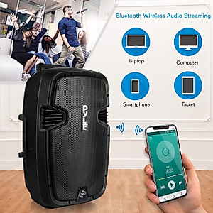 Pyle Karaoke Portable PA Speaker System - 1600W Active Powered Bluetooth Compatible Speaker, Rechargeable Battery, Easy Carry Wheels, USB MP3 RCA, FM Radio, 2 UHF Microphone, Remote - Pyle PPHP1599WU