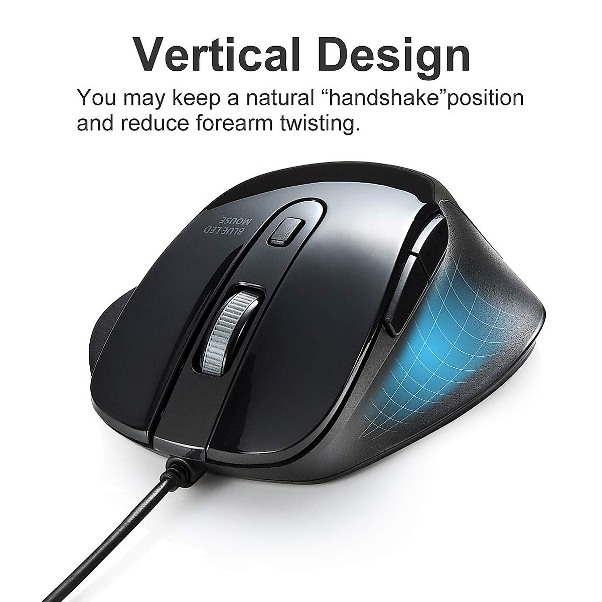 SANWA (Japan Brand) Wired Vertical Ergonomic Mouse, Silent Blue LED Optical Computer Mice, (1000/1600/2400/3200 DPI, 6 Buttons) Compatible with MacBook, Laptop, Windows Android Mac OS