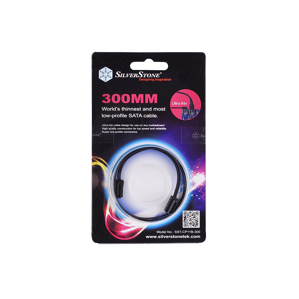 SilverStone Technology CP11B-300 300mm (11.8 in.) Ultra Thin 6Gb/s Lateral 90-Degree SATA Cable with Custom Low-Profile Connectors, SST-CP11B-300