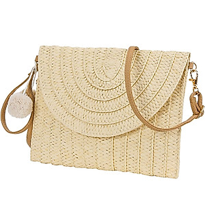 Straw Shoulder Bag Straw Clutch Straw Crossbody Bag Handmade Straw Beach Bag for Women Envelope Purse Wallet with Hand-woven Pompom (Creamy White)