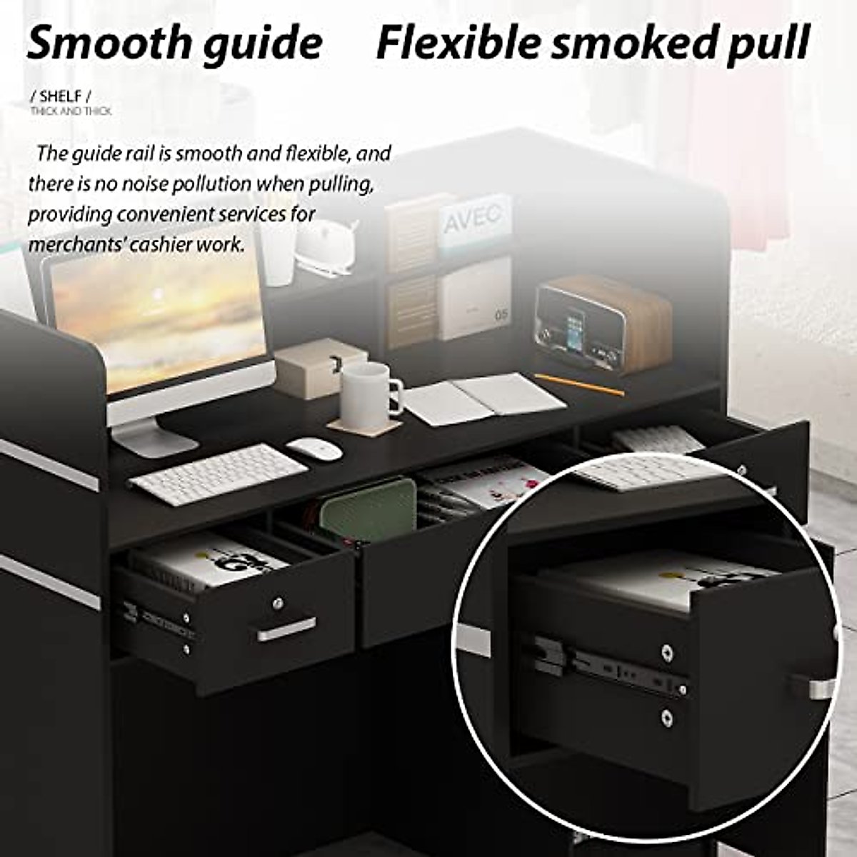 AGOTENI Reception Desk Reception Stations with Open Shelf & Drawers, Wooden Counter Desk with Lockable Drawer for Office Reception Room (Black)