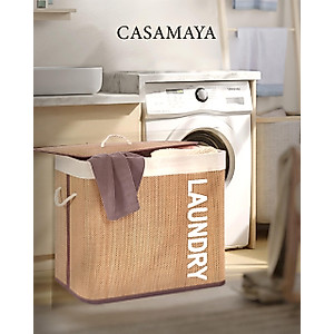 CASAMAYA Laundry Basket, 33.6 Gal (127L) Bamboo Laundry Hamper with 2 Section, Hamper with lid, Foldable, Removable and Machine Washable Liner, for Laundry Room, Bedroom, Natural LHB127Y01