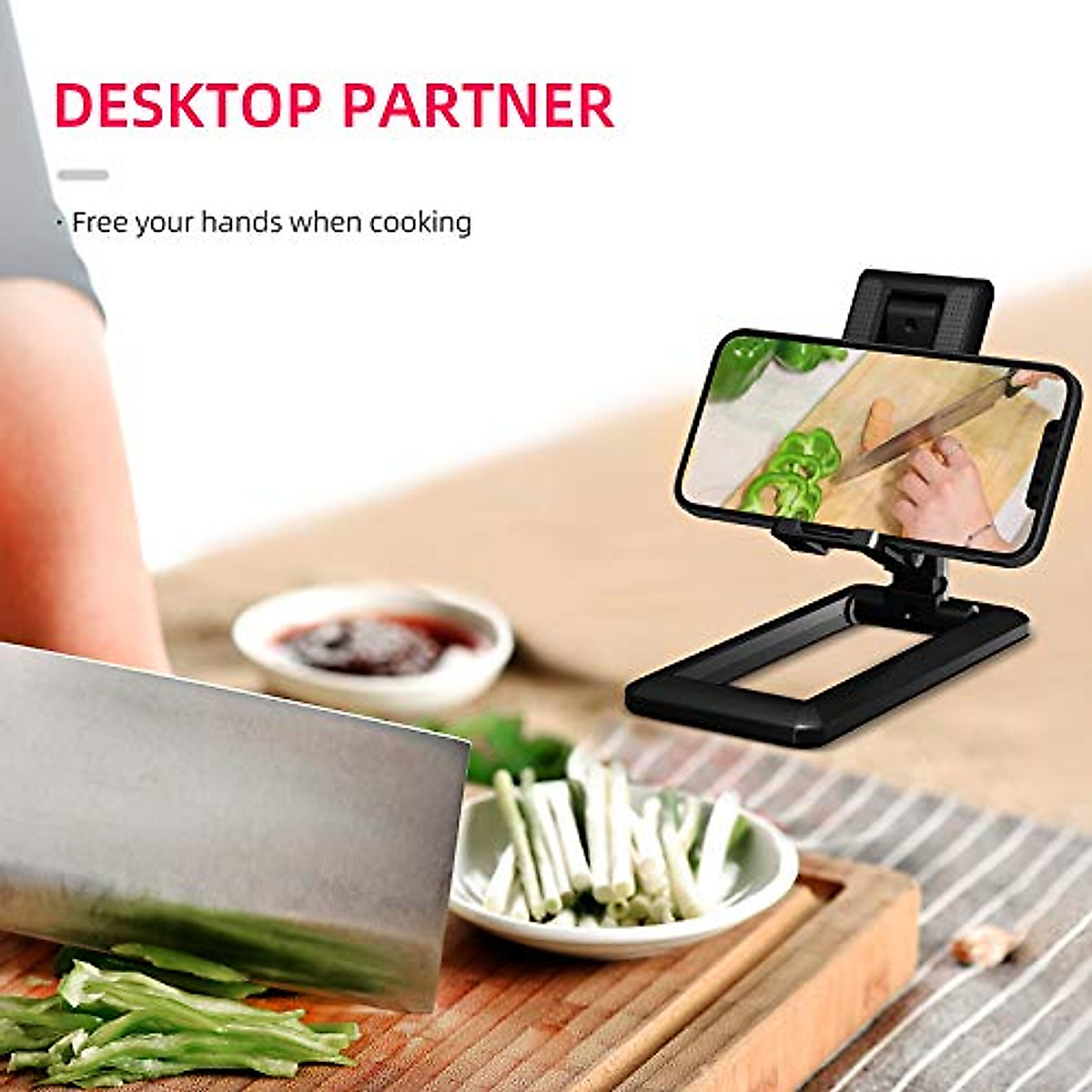 Phone Holder, Adjustable Desktop Phone Stand, Fully Foldable Phone Cradle Dock, Office Accessories, Compatible with iPhone/Kindle, All Smartphone(4-8 inches) - Black