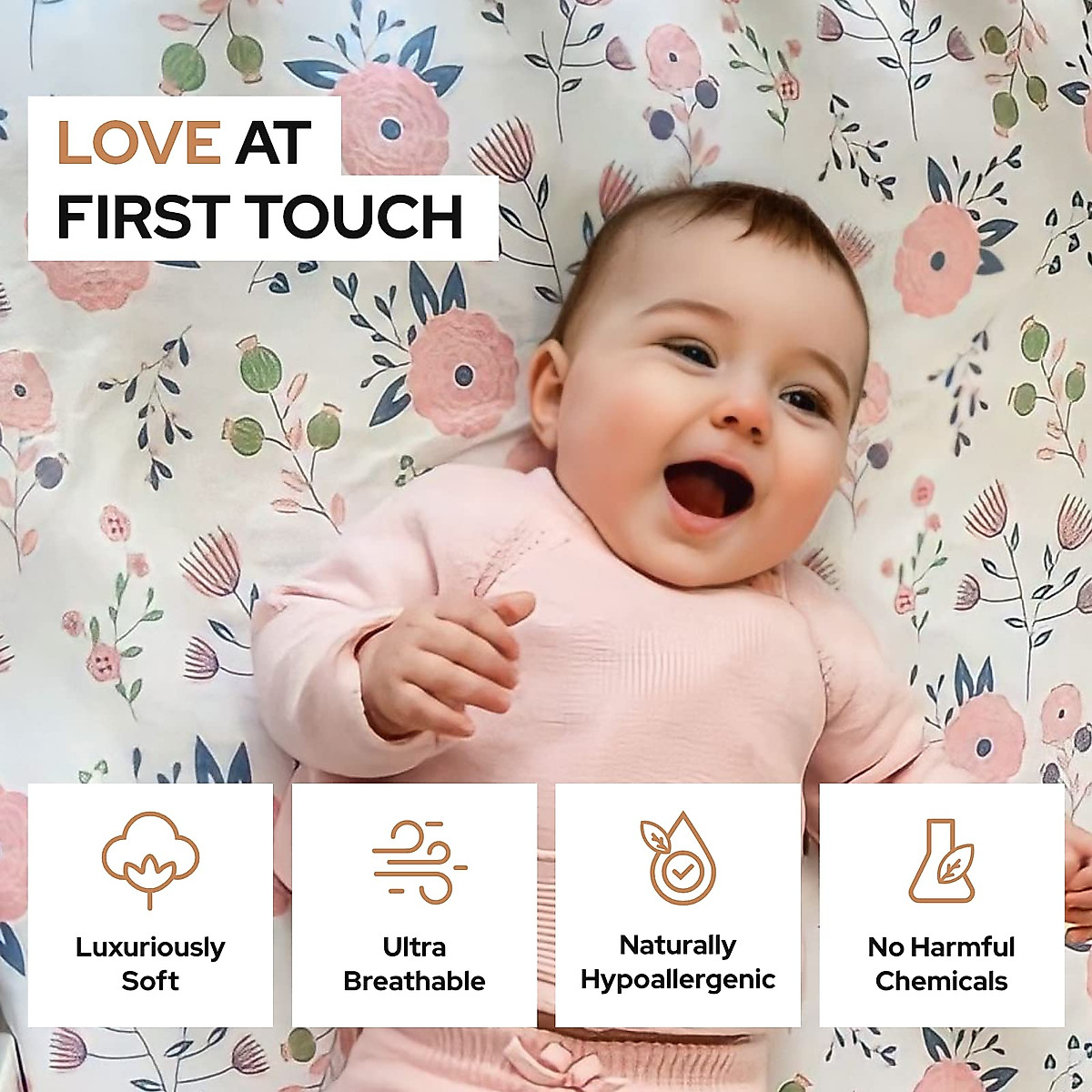 Mini Crib Sheet with Floral & Pink Pattern - 100% Organic Cotton Pack n Play Fitted Sheet - Premium Pack n Play Sheets - Compatible as Graco Pack n Play Sheet & Mini Crib Sheets - Pickle & Pumpkin