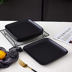 Bruntmor 8" Ceramic Appetizer Plates | Serving Platter | Set of 4, Square Black Simple Modern Ceramic Salad/Dessert Plates | Christmas Dinner Plates Set | Christmas Dinnerware or Thanksgiving