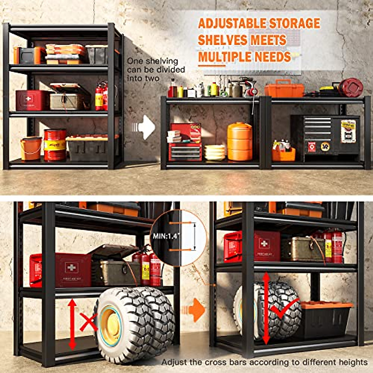 Raybee Garage Shelving Heavy Duty, 40" Wide Garage Storage Shevles Heavy Duty Shelving, Adjustable 4 Tier Metal Shelving, Garage Shelves Heavy Duty Shelves, Industrial Storage Rack, 40" W x19 D x57 H