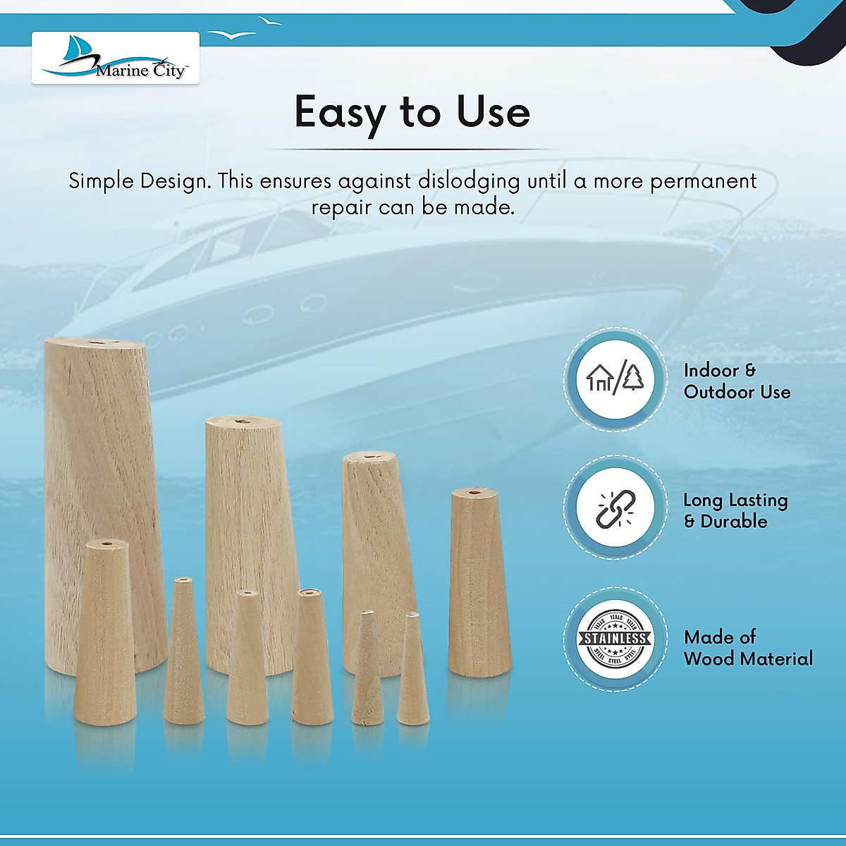 MARINE CITY Boat Emergency Durable Tapered Soft Conical Thru-Hull Wood Simple Design 7 Different Sizes Plugs Kit Drain Stopper Easy Use for Boats – Yachts – Marines – Ships (Pack of 10)