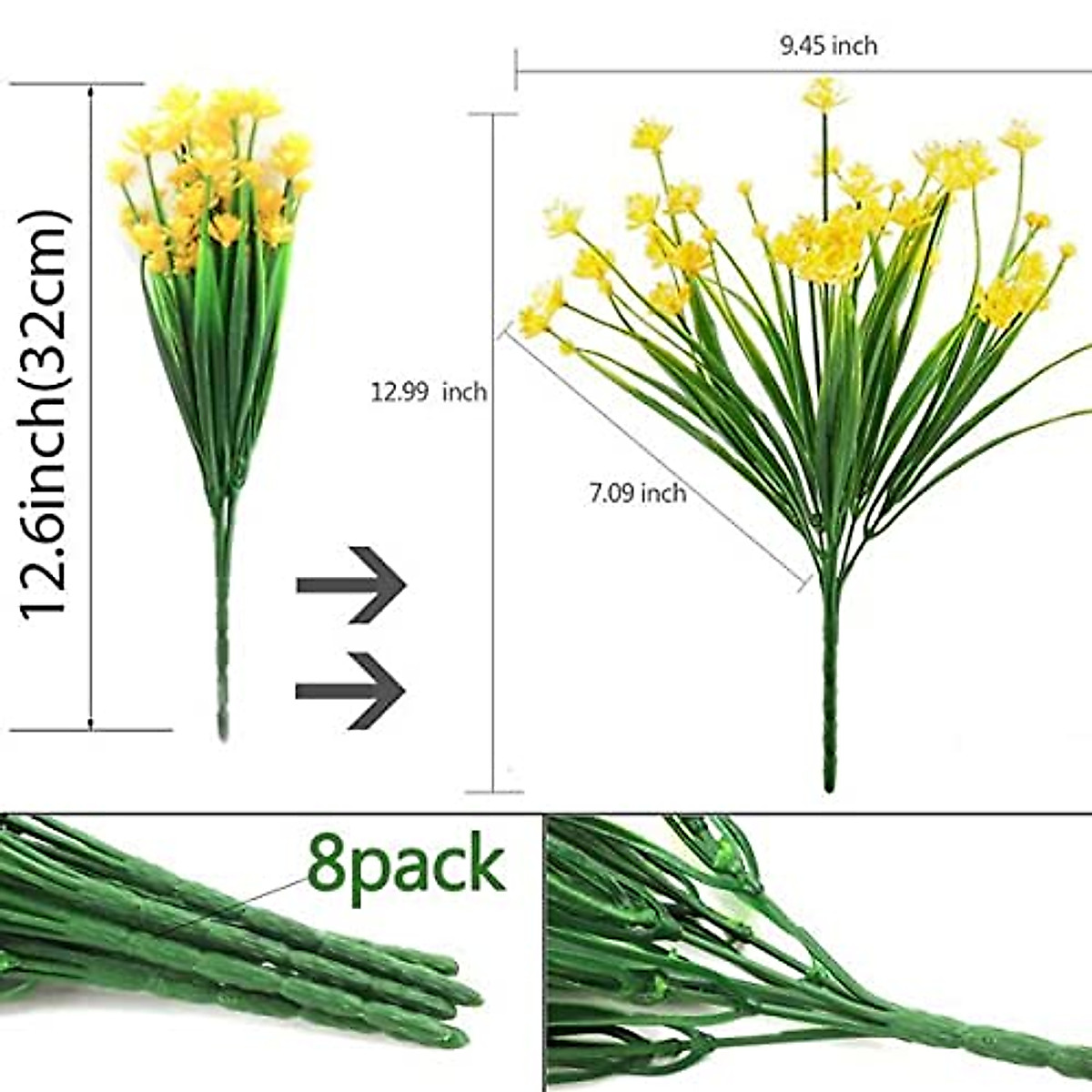 Lesix 8Pcs Artificial Flowers Outdoor UV Resistant Plants, Faux Plastic Greenery Shrubs Plants Indoor Outside Hanging Planter Kitchen Home Wedding Office Garden Decor Yellow