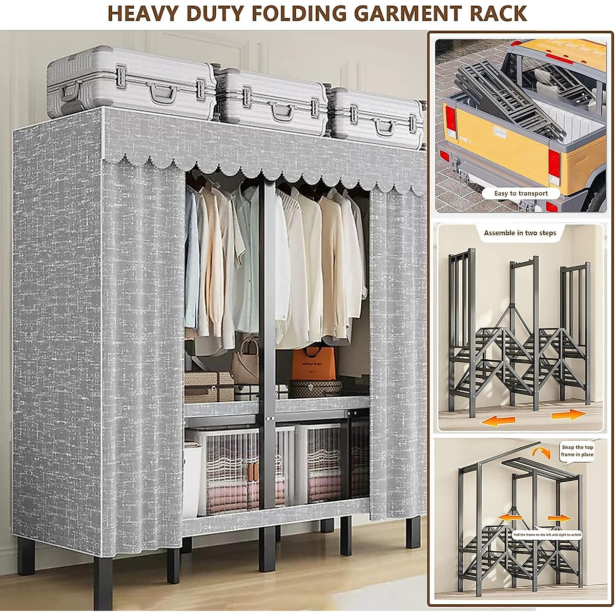 Heavy Duty Clothes Rack with Cover, 1200lbs, Foldable Portable Closets for Hanging Clothes,Clothing Rack Wardrobe Covered Garment Racks Freestanding Coat Storage Organizer System (243cm/95.6in)
