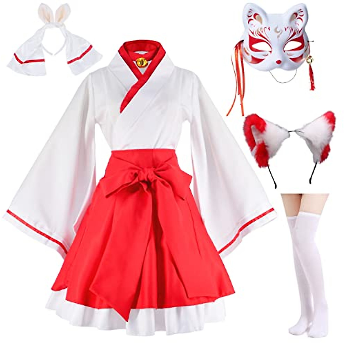 Japanese Anime red White Kimono Fox Rabbit Cosplay Costume Furry Fox Ear Mask with Socks 2XL