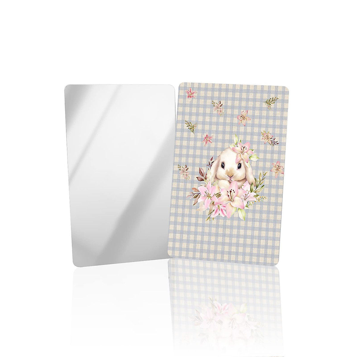 Carosoffe Easter Small Compact Mirror for Purse, Bunny Spring Flowers Retro Burlap Blue Plaid Travel Makeup Mirror for Women Men, Rectangular Handheld Compact Pocket Mirror 4 PCS