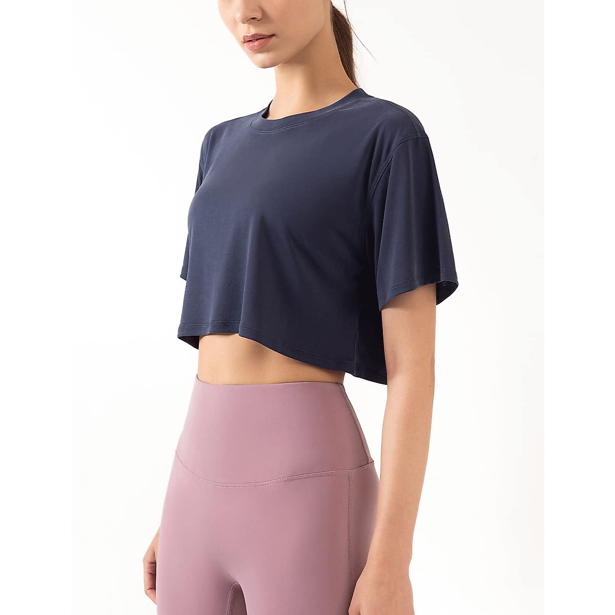 Gnveub Women's Lightweight Short Sleeves Yoga Shirt Soild Basic Crew Neck Crop Tops Athletic Workout Top(Navy,M)