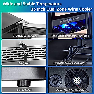 Yeego Wine Fridge, 15 Inch Wine Cooler,Dual Zone 28 Bottle Wine Cooler Refrigerator with Upgraded Compressor Fits Large Bottles, Low Noise,Reversible Tempered Glass Door,Safety Lock