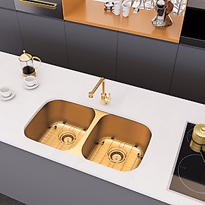 LQS Undermount Kitchen Sink 32” x 18”, Stainless Steel Kitchen Sink, Deep Kitchen Sink, 50/50 Double Bowl Stainless Steel Kitchen Sink with Accessories, Gold Kitchen Sink