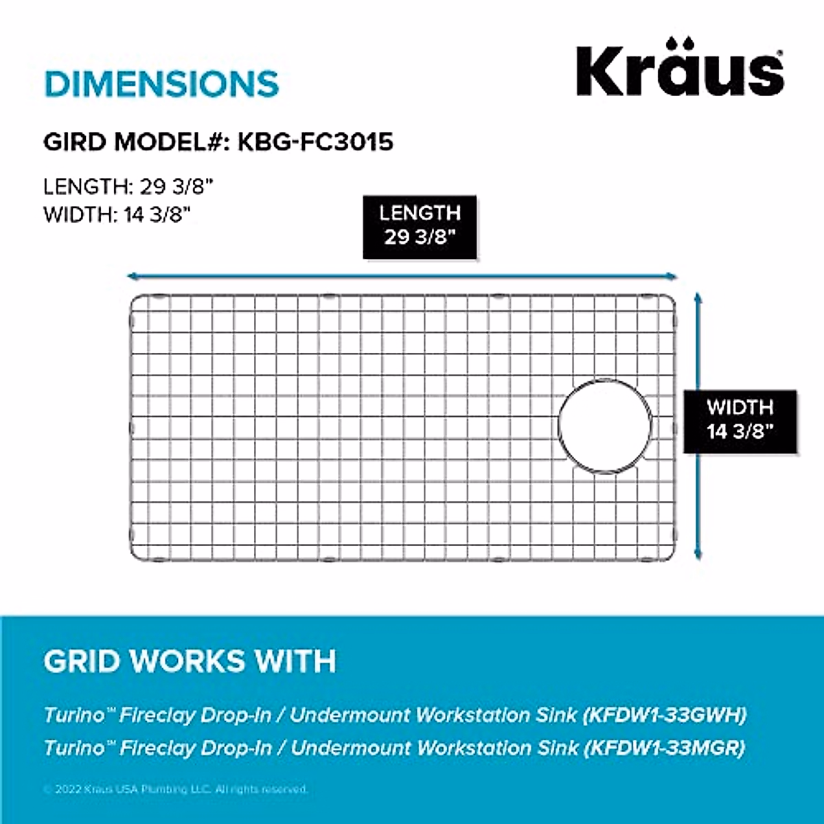 KRAUS Stainless Steel Bottom Grid (29 3/8 in. x 14 3/8 in.) for 33 in. Turino Workstation Drop-In/Undermount Fireclay Kitchen Sink KFDW1-33GWH and KFDW1-33MGR, KBG-FC3015