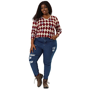 Agnes Orinda Plus Size Knit Tops for Women Argyle Plaid V Neck Long Sleeve Pullover Homecoming T Shirt 4X Red