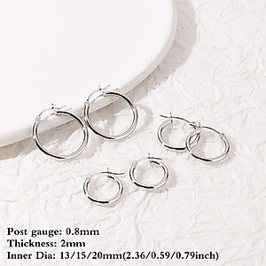 Milacolato Sterling Silver Hoop Earrings Set 2mm Thin Hoop Earrings 18K White Gold Plated Click-Top Huggie Hoops Earrings Small Medium Large Hoop Earrings for Women 13/15/20mm