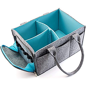 Premium Baby Diaper Caddy Organizer | Portable Nursery Storage Bin | Planner Caddy | Portable Craft Storage Organizer | Car Seat Tote with Zipper Pocket & 5mm Heavy Duty Felt (Grey/Turquoise)