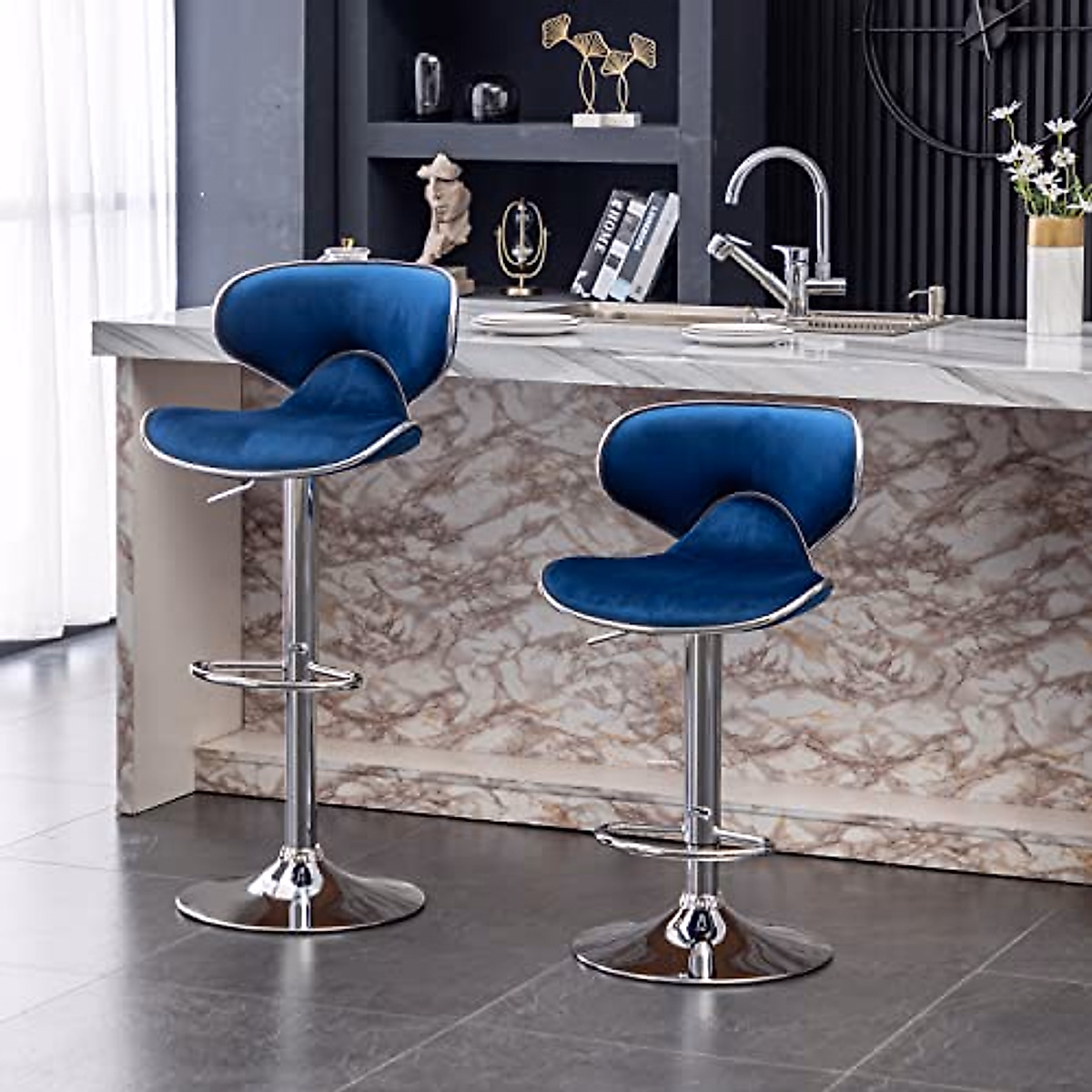 Roundhill Furniture Masaccio Velvet Upholstered Adjustable Swivel Barstool, Set of 2, Blue