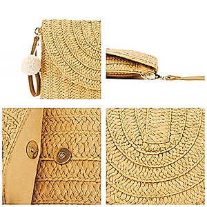 Straw Shoulder Bag Straw Clutch Straw Crossbody Bag Handmade Straw Beach Bag for Women Envelope Purse Wallet with Hand-woven Pompom (Light Brown)