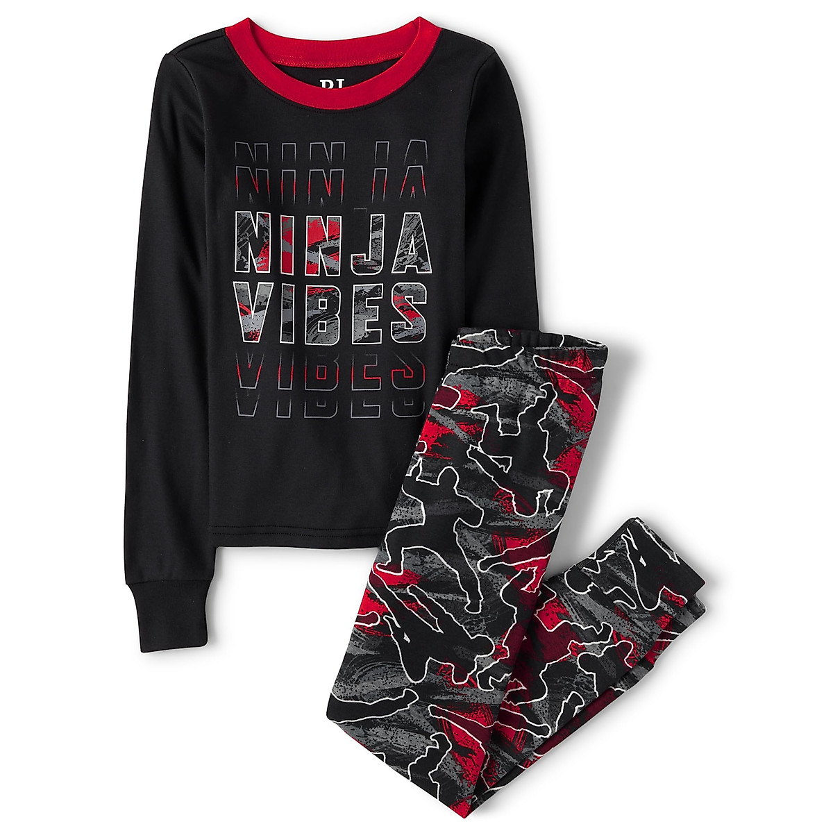 The Children's Place,Long Sleeve Top and Pants Snug Fit 100% Cotton 2 Piece Pajama Set,BLACK,8