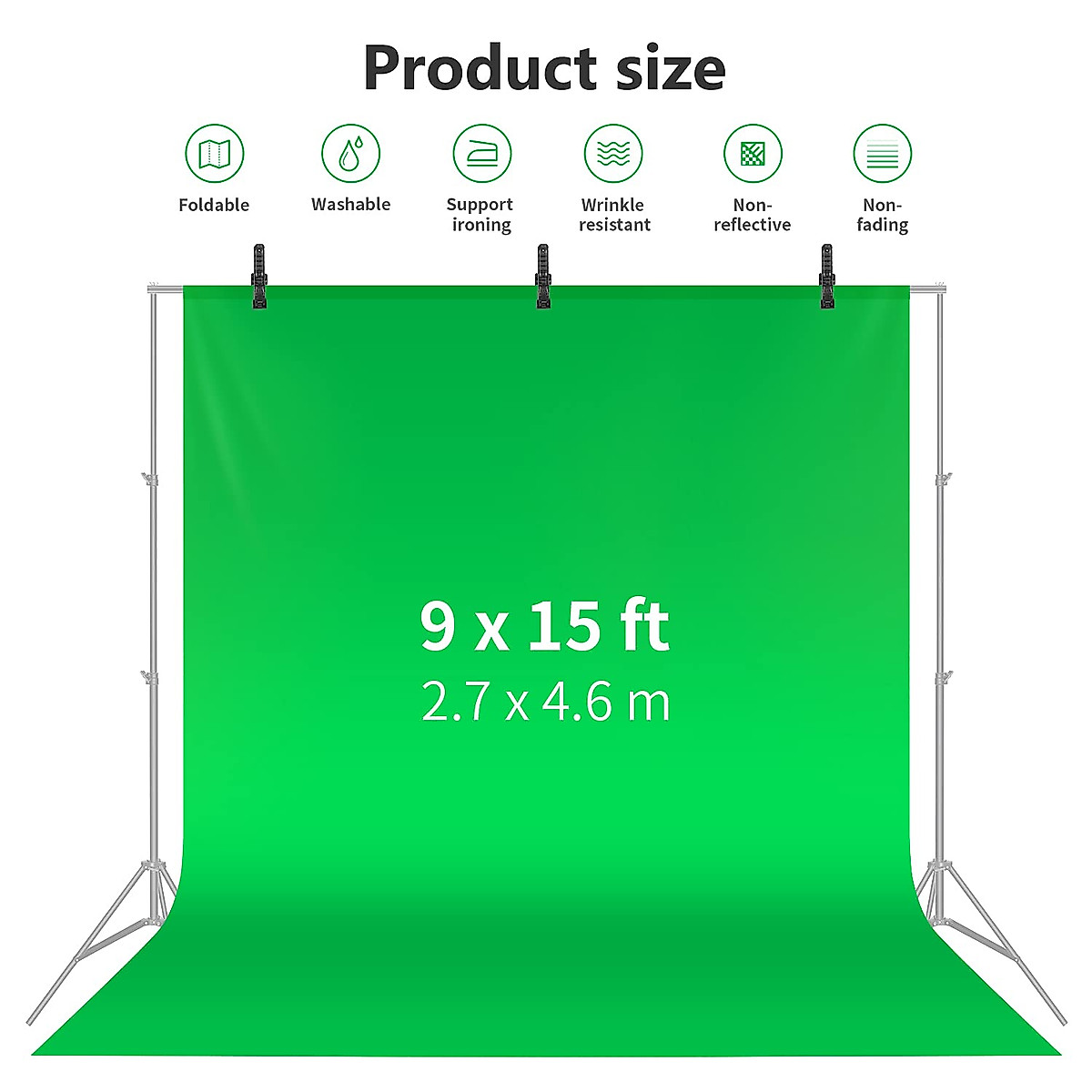 Neewer 9 x 15 feet/2.7 x 4.6 Meters Green Chromakey Polyester Backdrop Background Screen with 3 Clamps for Photo Video Studio Photography (Backdrop Stand Not Included)