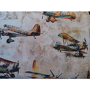 Vintage World War II Airplanes Flying High Cotton Fabric Sold by The Yard QT