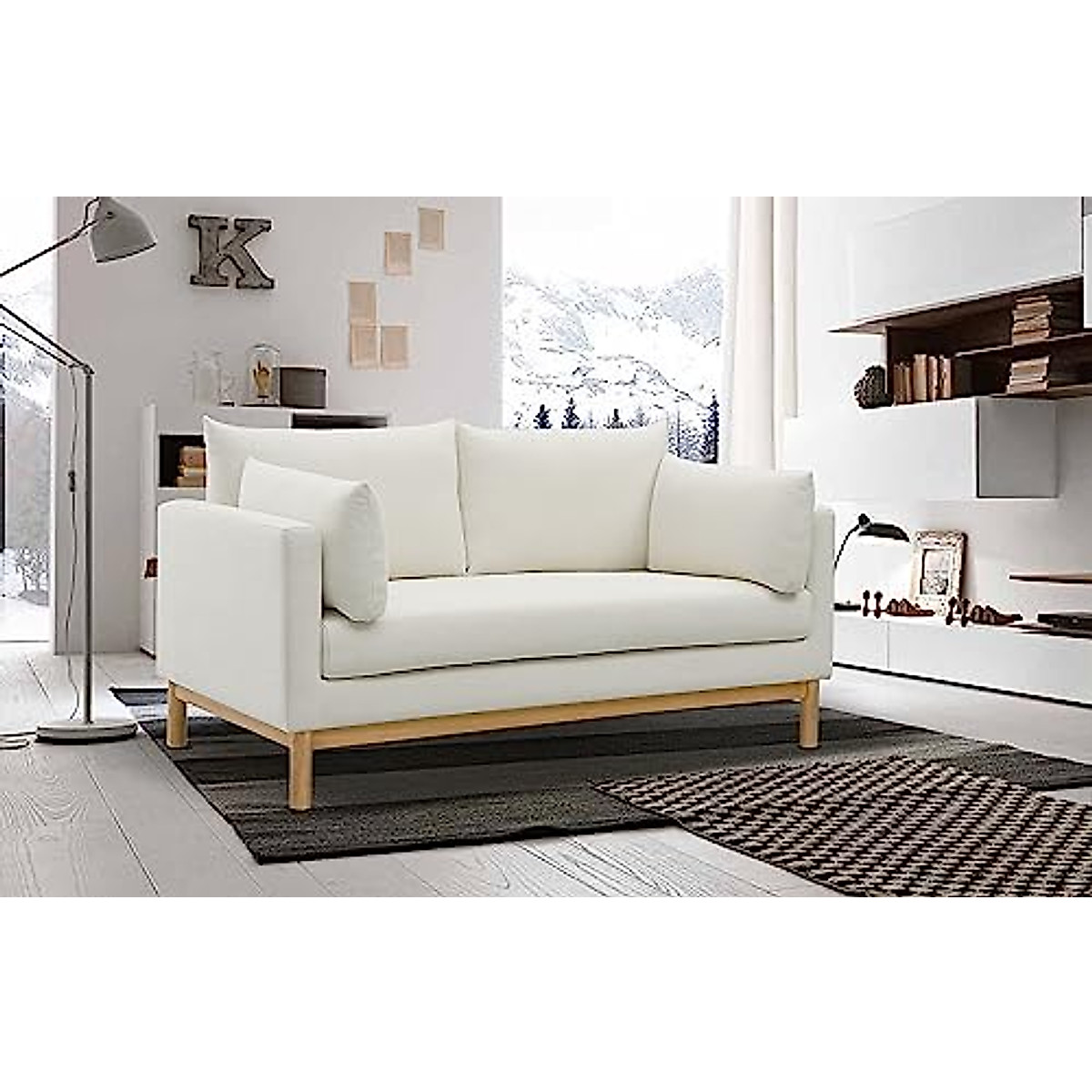 Meridian Furniture 157Cream-L Langham Collection Mid-Century Modern Linen Textured Fabric Upholstered Loveseat, Cream Linen Textured Fabric, Natural Finish Wood Base, 66" W x 33.5" D x 33" H, Cream