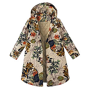Andongnywell Ladies Warm Outwear Floral Print Hooded Vintage Coats Long Sleeve Outwear Print Hooded Overcoat (Orange,4X-Large)