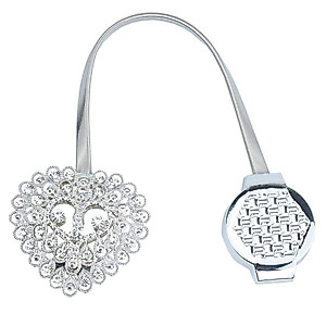 2PCS Magnetic Curtain Tiebacks Crystal Heart Shape Window Curtain Holdbacks Buckles Tie Backs Holders with Stretchable Wire Rope for Home and Office Decoration,Silver