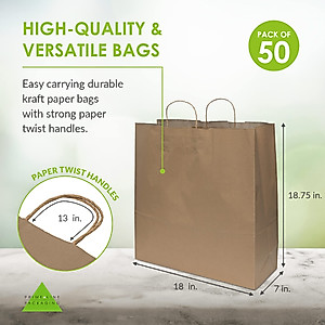 Brown Paper Bags with Handles - 18x7x18.75 Inch 100 Pack Large Plain Brown Paper Bags, Durable Kraft Paper for Retail Stores, Small Business, Shopping, Crafts, Gifts, Grocery items, in Bulk