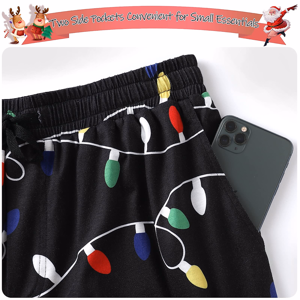 MERIABNY Mens Christmas Pajama Pants Christmas Pjs Black Colorful Lights Xmas Holiday Sleepwear Jammies for Lounging Sleeping, Medium