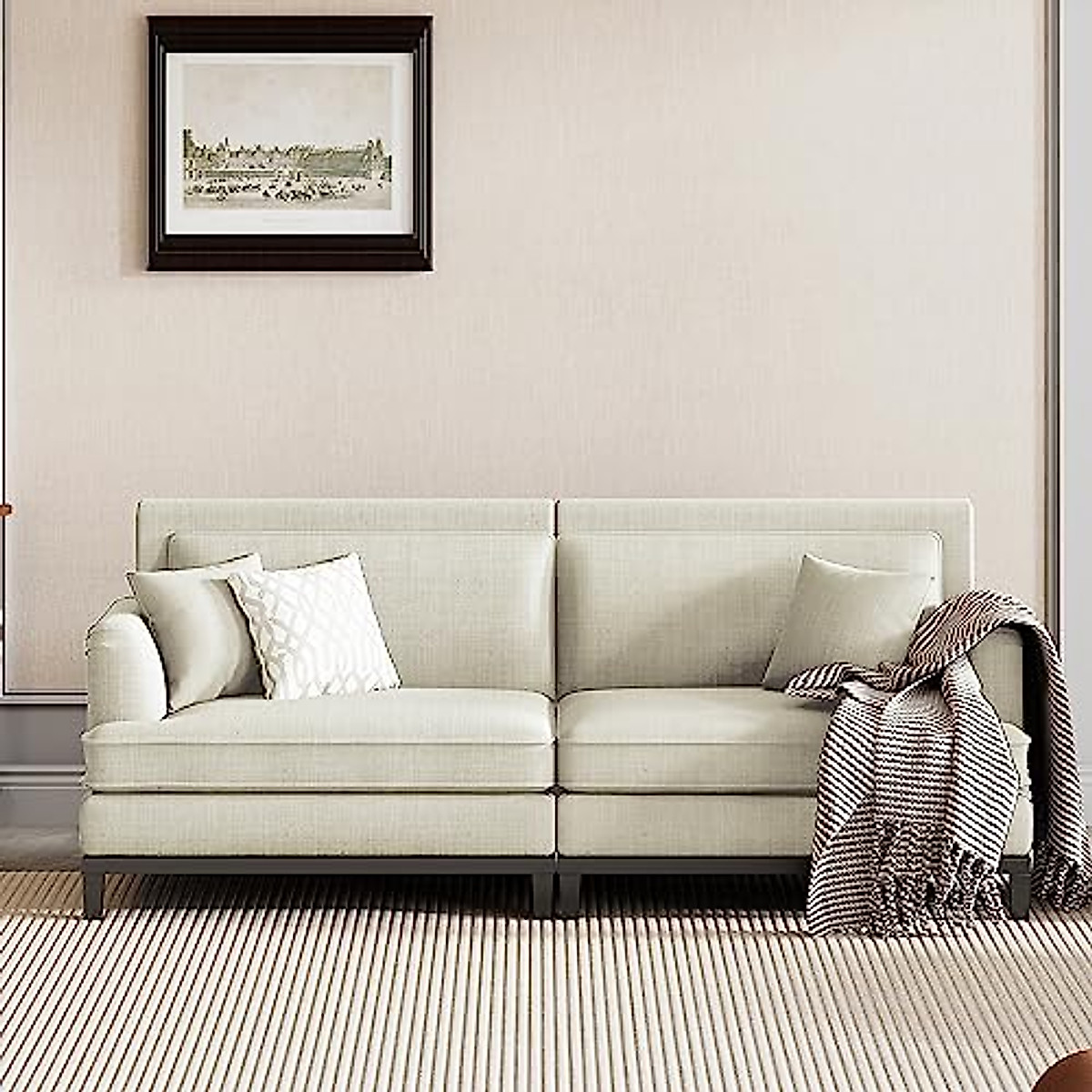 P PURLOVE Modern Loveseat Sofa with Sturdy Wood Legs, Upholstered Country Style Sofa with 2 Throw Pillows, Love Seats Furniture for Small Spaces, Couch for Living Room, Office, Bedroom, Beige