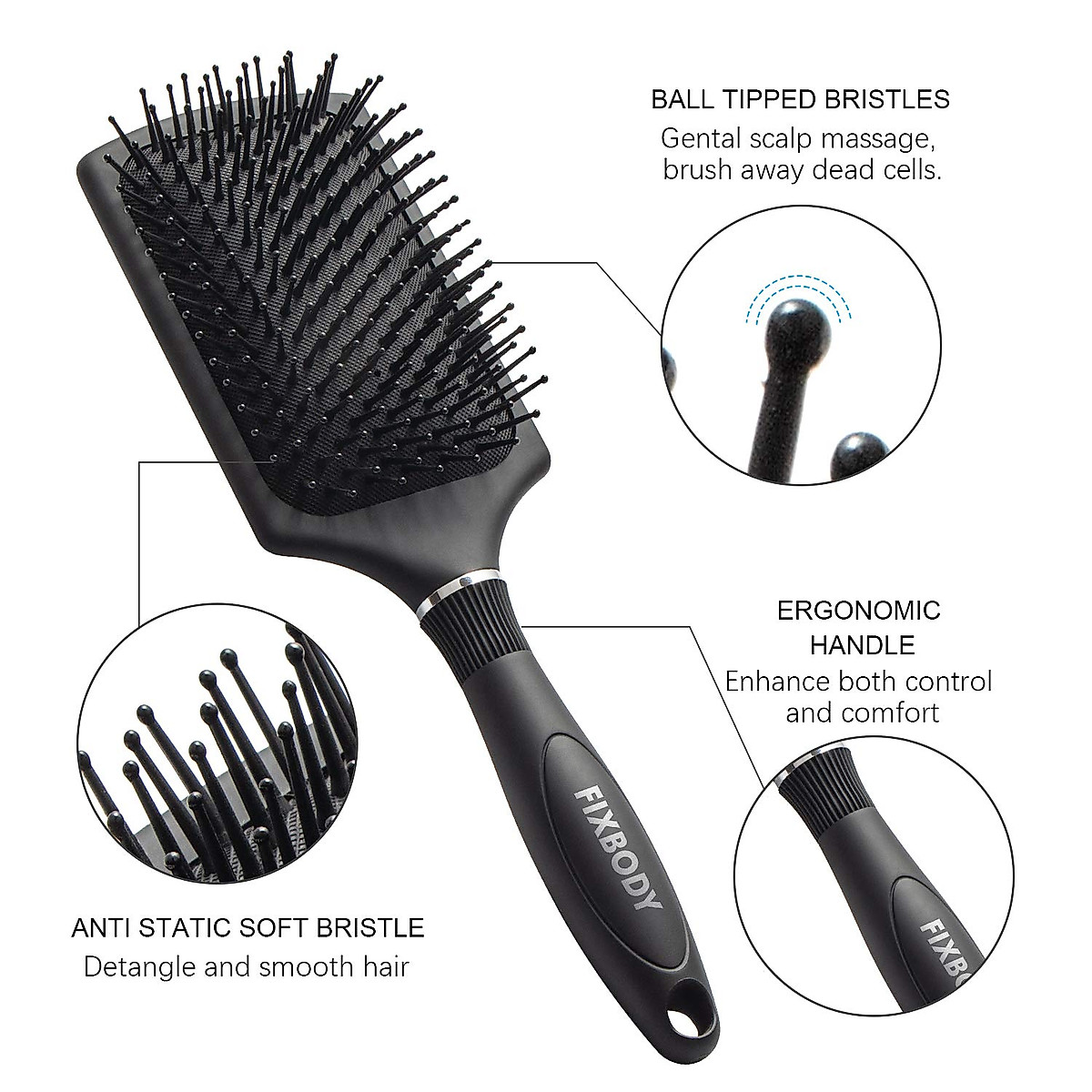 FIXBODY Paddle Brush with A Large Cushion, Smoothing Detangling Brush for Long Thick Hair, Both Wet & Dry - Black Mate