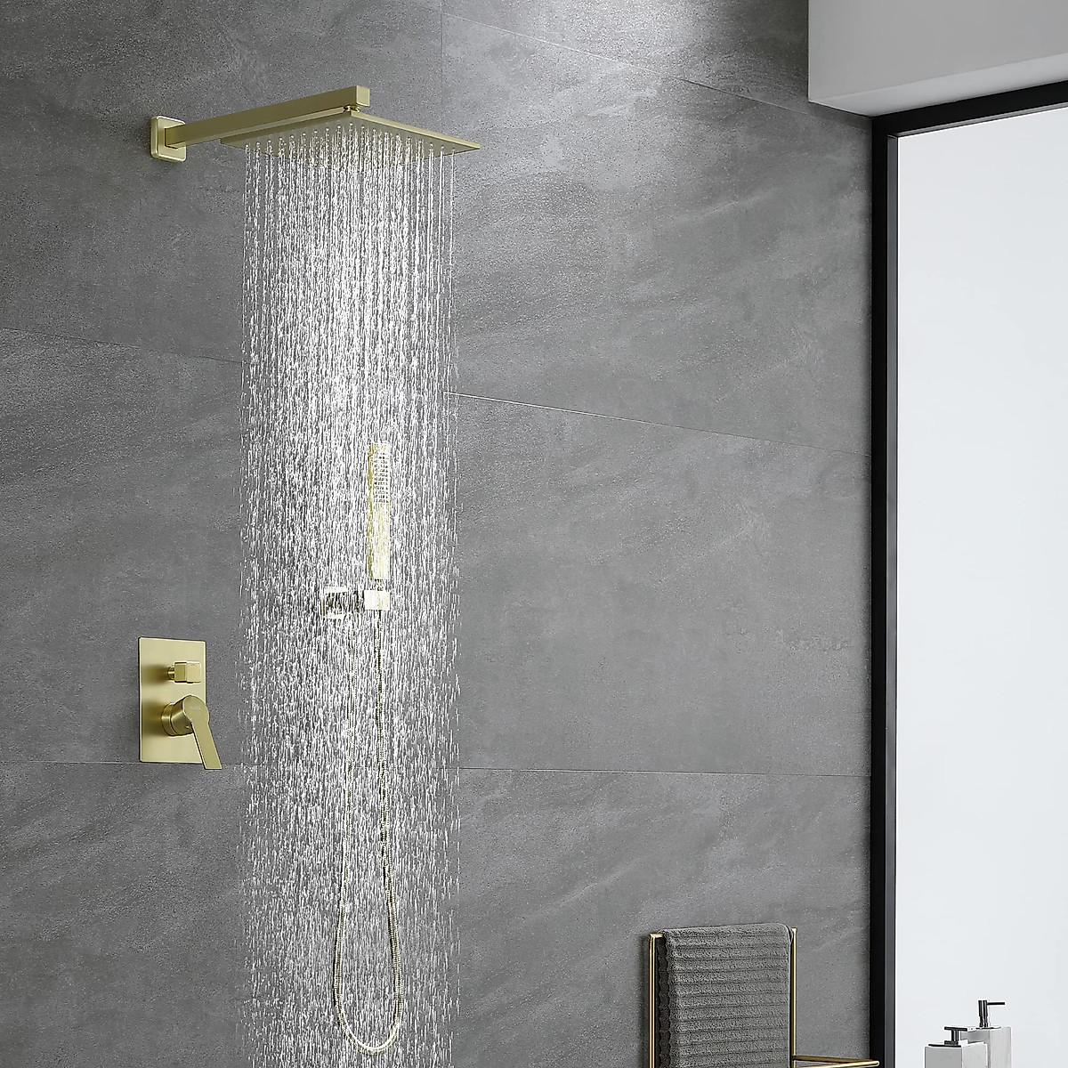 SHAMANDA Brass Rainfall Shower System, Luxuly Bathroom Shower Faucet Combo Set Brushed Gold(Including Rough-In Valve Body and Trim), L70001-3