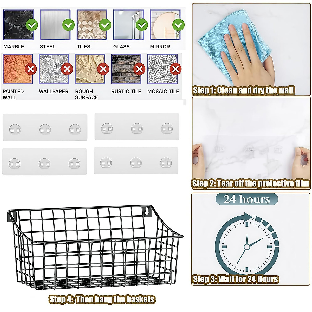 4 Pack Hanging Wall Basket for Organizing, Large Wire Baskets for Storage Pantry with 5 S Hooks+4 Strong Adhesive Wall Hooks, Wall Mounted Metal Wire Storage Baskets Shelf for Cabinet Kitchen Bathroom